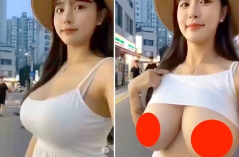 【動画】爆乳女が日本の街中でおっぱい丸出し ⇒ 男達の反応がコレｗｗｗ